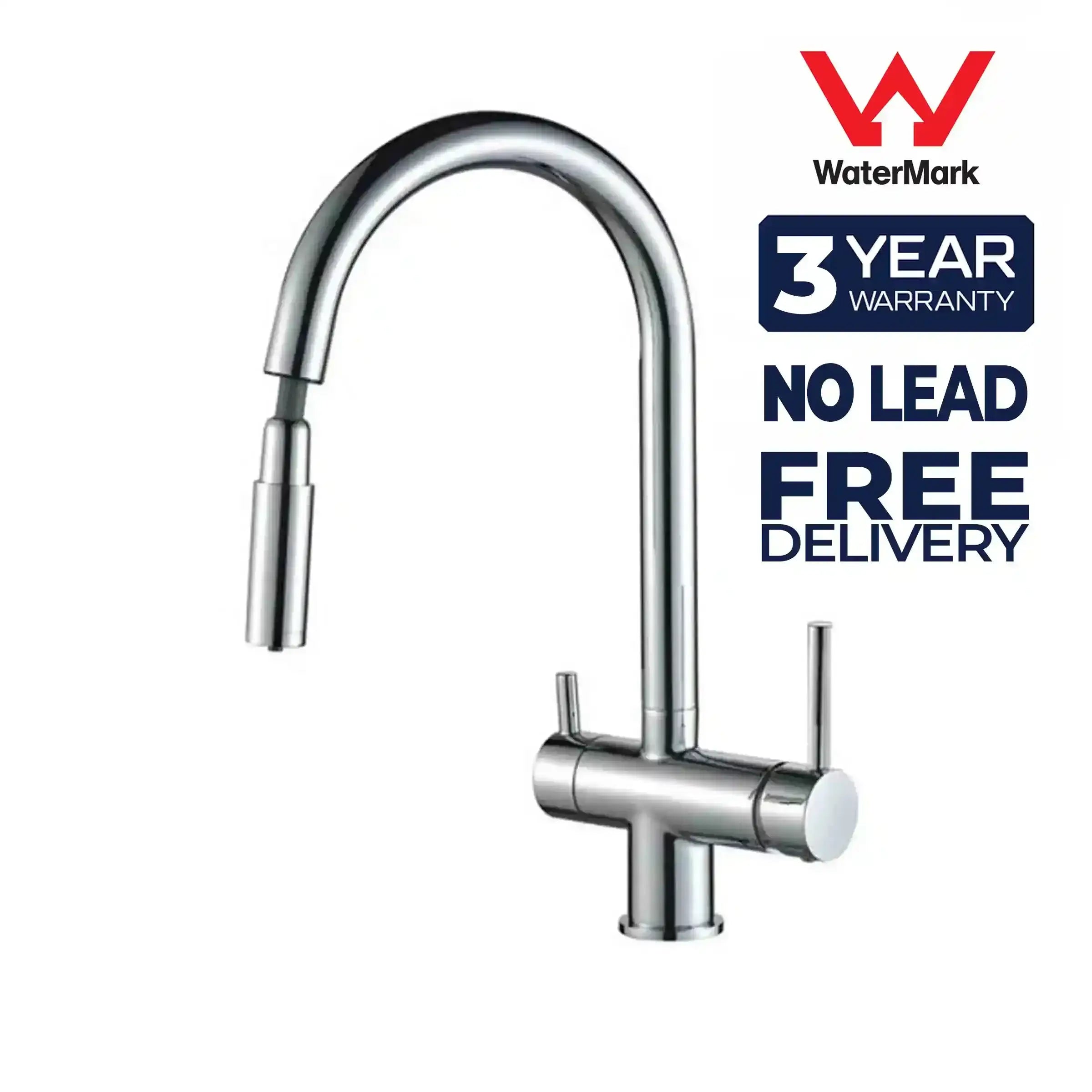 3 Way Mixer Tap Nickel Umbrella Style 360 Rotation + Pull Out Spout ...